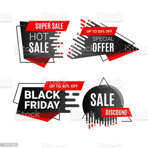 블랙 프라이데이 세일 배너 또는 스티커 세트 할인 텍스트 포스터 배너 전단지 카드에 대 한 계절 할인에 대 한 빨간 리본 가격에 대한 스톡 벡터 아트 및 기타 이미지