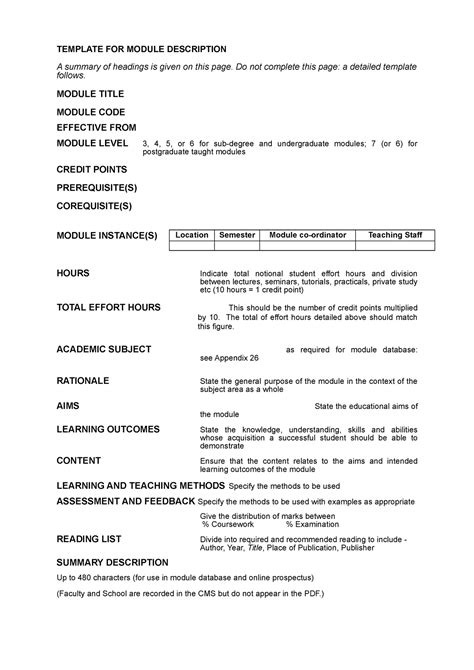 Module Description Template Template For Module Description A Summary Of Headings Is Given