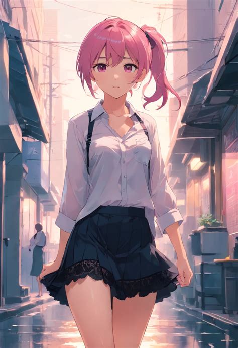 분홍색 머리 더블 포니테일을 가진 소녀，흠뻑 젖은 흰 셔츠 사이로 엿보는 검은색 레이스 란제리，주름 치마，산책 Seaart Ai