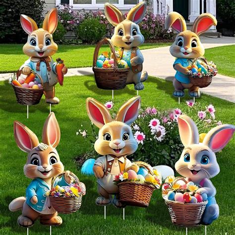 6pcs Easter Bunny Yard Signs Decorations Outdoor With