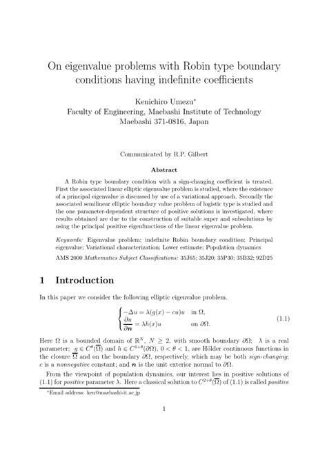 Pdf On Eigenvalue Problems With Robin Type Boundary Conditions Having Indefinite Coefficients