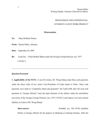 Writing Sample Attorney Client Advise Memo Doc