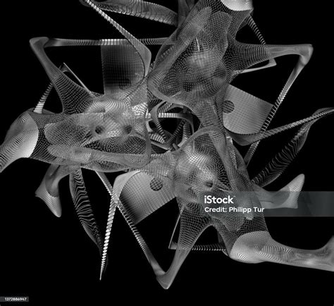 프랙탈 대칭 삼각형 의 흑백 추상 미술 3d 조각의 3d 렌더링 은 검은 배경에 매트 알루미늄 금속 재료의 형성 와이어 메쉬 구조 곡선 유기 선에 따라 피라미드 모양 고딕