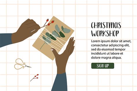 크리스마스 선물 휴일 워크샵을 포장 하는 여자 에코 장식 크래프트 페이퍼에 선물 소박한 선물 상자 Xmas 및 새해 축하 준비 벡터 플랫 만화 스타일 수평 전단지 12월에