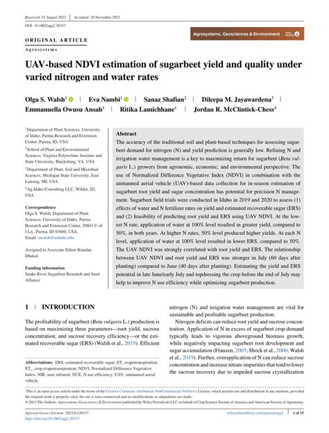 Pdf Uav‐based Ndvi Estimation Of Sugarbeet Yield And Quality Under Varied Nitrogen And Water Rates