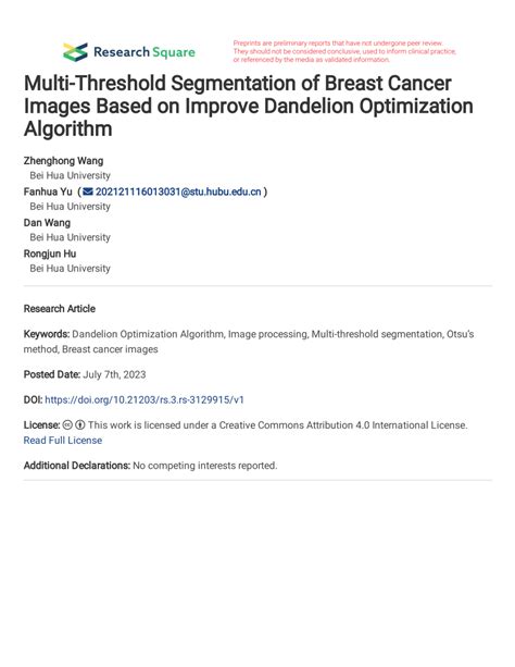 Pdf Multi Threshold Segmentation Of Breast Cancer Images Based On Improve Dandelion