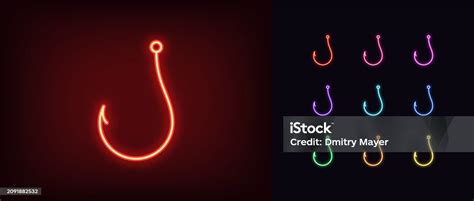 윤곽선 네온 낚시 바늘 아이콘 세트입니다 빛나는 네온 훅 사인 인터넷 사기 및 속임수의 상징 사이버 보안 미끼 및 속임수 디지털