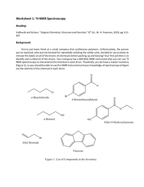 Worksheet 1 H Nmr Spectroscopy Reading Vollhardt