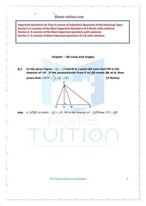 Important Questions For Class 9 Maths Chapter 6 Lines And Angles With Solutions