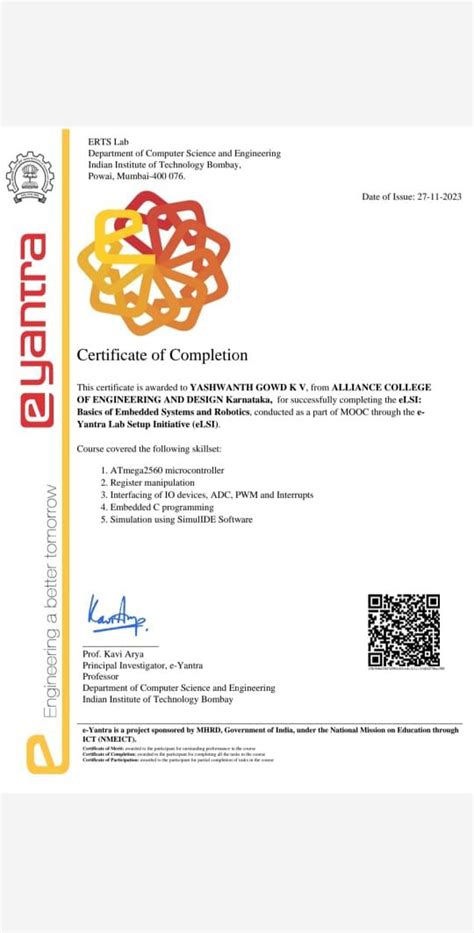Earned E Yantra Merit For Embedded Systems Kamparaju Venkata Yaswanth Goud Posted On The Topic