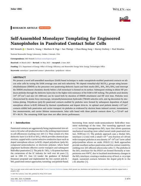 Pdf Self‐assembled Monolayer Templating For Engineered Nanopinholes