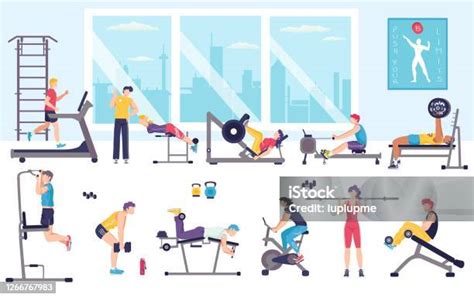 체육관 벡터 일러스트레이션에서 운동하는 사람들 스포츠 운동을하는 만화 플랫 맨 여자 캐릭터 흰색에 고립 된 피트니스 활동 개체