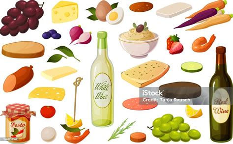 치즈 살라미 소시지 과일을 곁들인 치즈보드 또는 샤퀴테리 보드를 위한 다양한 음식의 귀여운 벡터 그림 마늘 빵에 대한 스톡 벡터 아트 및 기타 이미지 Istock