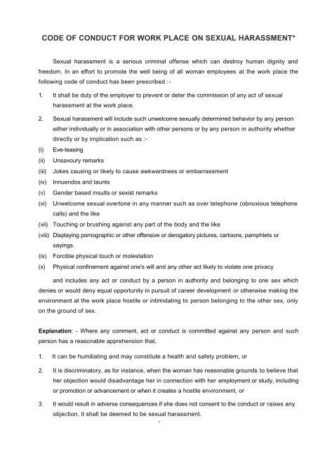 Code Of Conduct For Work Place On Sexual Harassment