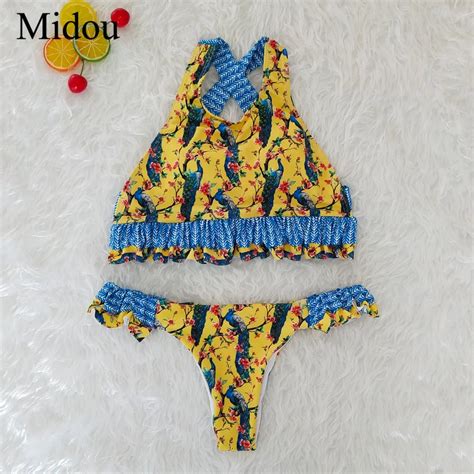 Midou 2019 Bikini Set Push Up Ruffle Bikini Floral Print Cross Bandage