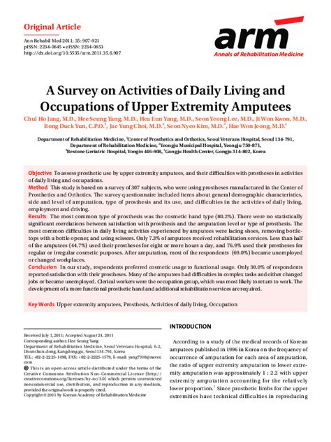 Pdf A Survey On Activities Of Daily Living And Occupations Of Upper Extremity Amputees