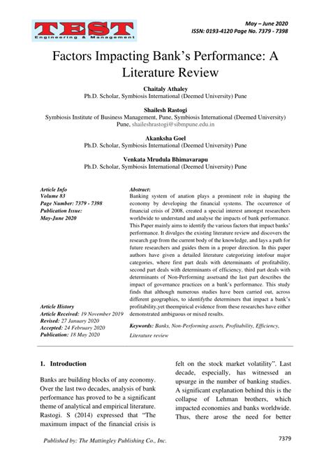 pdf factors impacting bank s performance a literature review