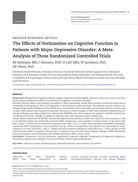 Pdf The Effects Of Vortioxetine On Cognitive Function In Patients With Major Depressive