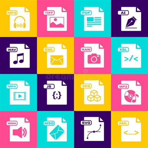 Set Xml File Document Mp3 Xsl Pdf Eml Wav And Raw Icon Vector