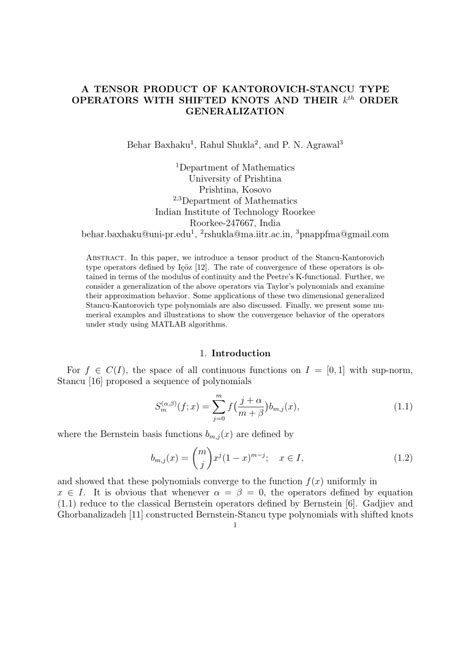 Pdf A Tensor Product Of Kantorovich Stancu Type Operators With Shifted Knots And Their Kth