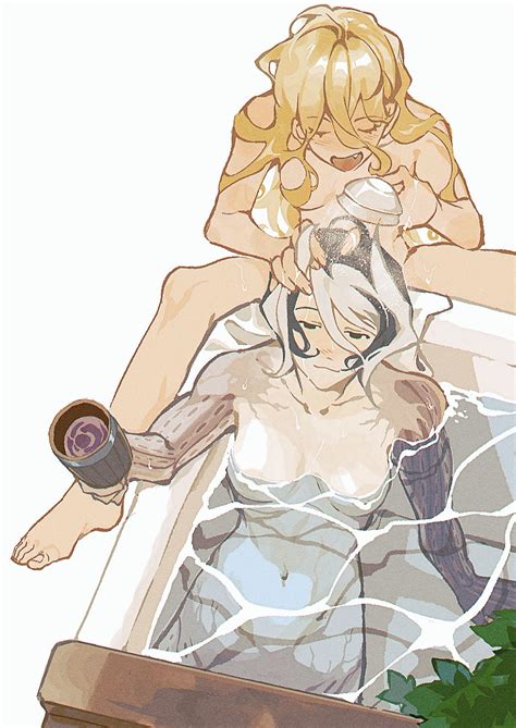 Rule 34 2girls Bath Bathing Bathtub Black And White Hair Blackhiro6 Blonde Hair Body Markings