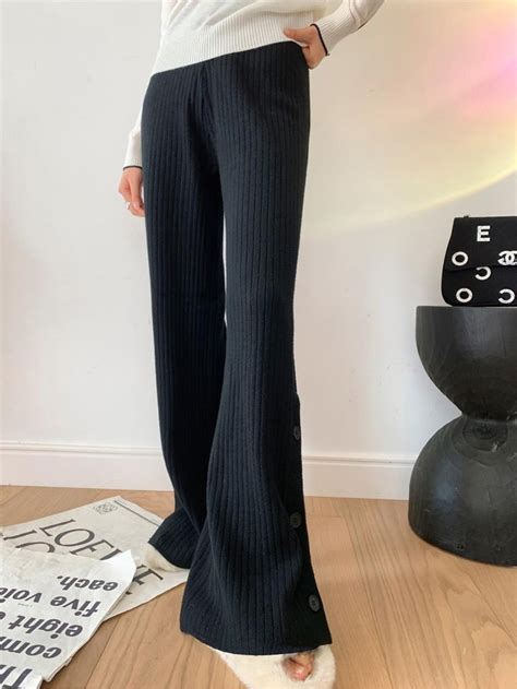 바네모어 3color 단추 포인트 맥시 니트 팬츠 여성 골지 밴딩 롱 와이드 바지