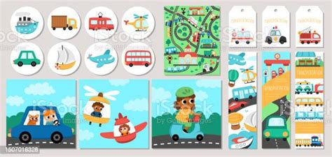 버스 자동차 보트 트럭이 있는 귀여운 교통 카드 벡터 만화 로드 트립 정사각형 원형 수직 인쇄 템플릿입니다 태그 엽서 자전거 광고 비행기 표지판 기차 로드맵에 대한 교통