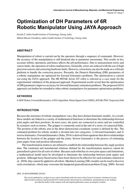 Pdf Optimization Of Dh Parameters Of 6r Robotic Manipulator Using Jaya Approach