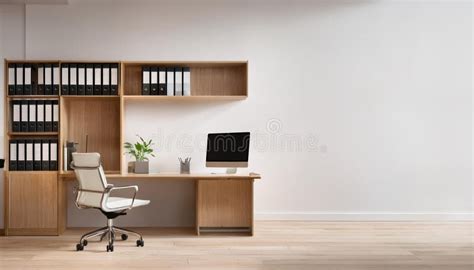 Modern Office Interior Featuring Wooden Shelves With Binders And A Computer Desk The Right Side