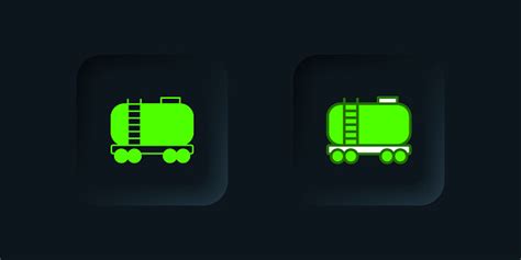 녹색 석유 철도 수조 아이콘은 검은 배경에 고립되어 있습니다 철도 차량에 기차 오일 탱크 철도 화물 석유 산업 검은색 사각형