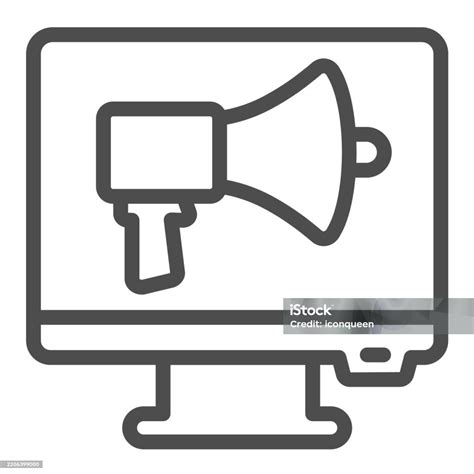 확성기 라인 아이콘이 있는 모니터 화면 디자인 모집 개념 벡터 그래픽입니다 흰색 배경에 마케팅 조사 기호로 표시 모바일 또는 웹 디자인을위한 개요 스타일 아이콘 개발에 대한