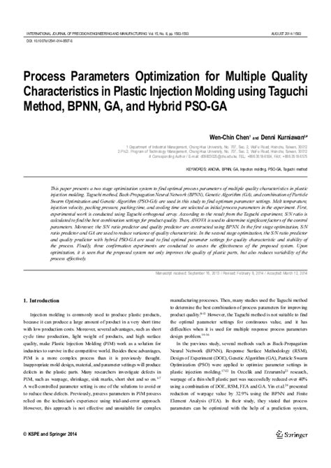 Pdf Process Parameters Optimization For Multiple Quality Characteristics In Plastic Injection