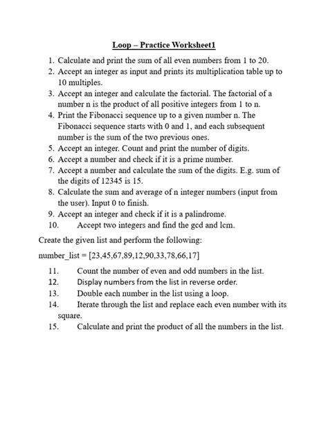 Loop Practice Worksheet Pdf