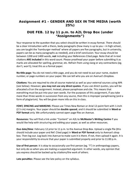 1aa3 Assignment 1 Winter 2023 Assignment 1 Gender And Sex In The