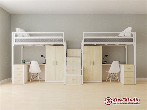 เตียงสูง พื้นล่างโล่ง 3 5 ฟุต 2 ตัว บันไดกล่องร่วม พร้อมตู้เสื้อผ้าและโต๊ะทำงาน เฟอร์นิเจอร์