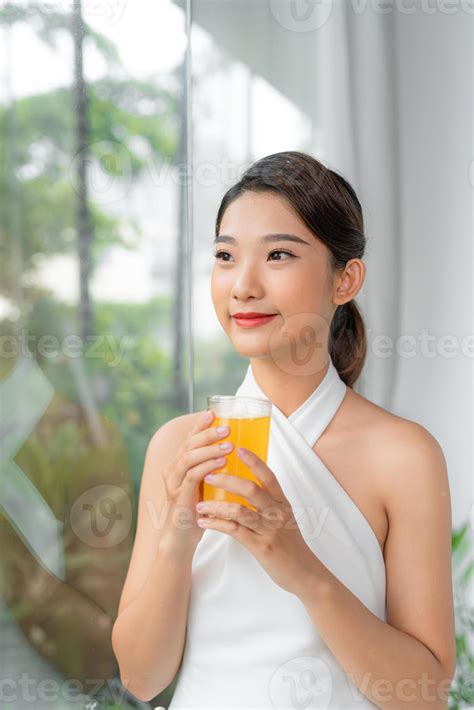 Beautiful Beauty Woman Asian Cute Girl Feel Happy Drinking Orange Juice