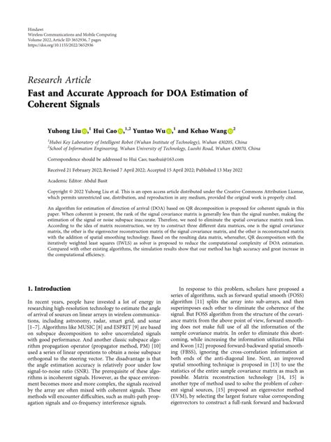 Pdf Fast And Accurate Approach For Doa Estimation Of Coherent Signals