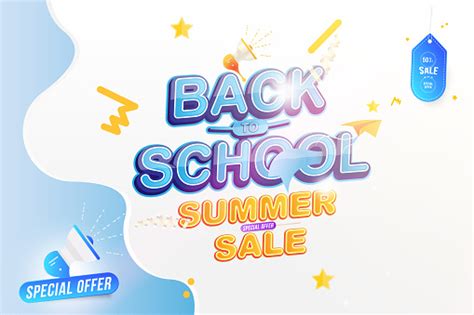 배너 다시 학교에 여름 판매 50 종이 비행기와 라우드 스피커텍스트 효과 빛 효과와 배경에 축제 포스터 플랫 벡터 일러스트