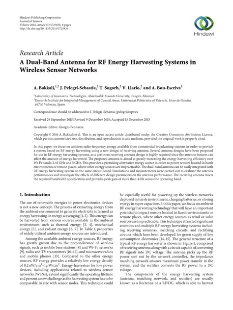 Pdf A Dual Band Antenna For Rf Energy Harvesting Systems In Wireless