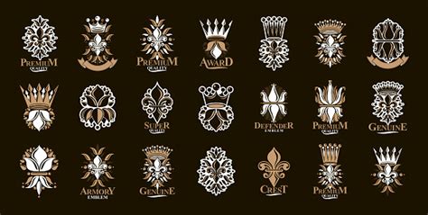 클래식 스타일 드 리스 엠블럼 큰 세트 백합 꽃 상징 고대 전령 상 및 레이블 컬렉션 고전 문장 디자인 요소 가족 또는 비즈니스 엠블럼 가족에 대한 스톡 벡터 아트 및 기타