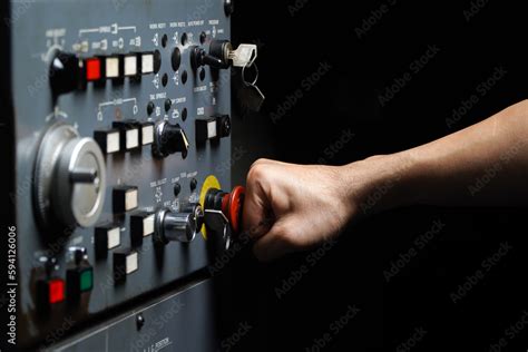Press The Emergency Button On Cnc Machine Control Panel At Factory Concept Of Prevention Before
