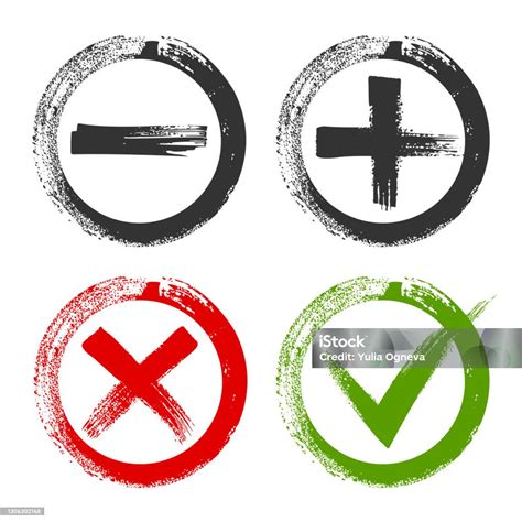 체크리스트 표시 선택 옵션 테스트 퀴즈 또는 설문조사 표시의 디자인 블랙 플러스와 마이너스 빨간색 X 와 녹색 진드기 확인 마크와 원 승인 표시 빼기 기호에 대한 스톡 벡터
