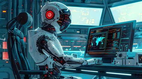 Futuristic Robot Working On Data Analysis In Control Room Generative Ai Stock Illustration