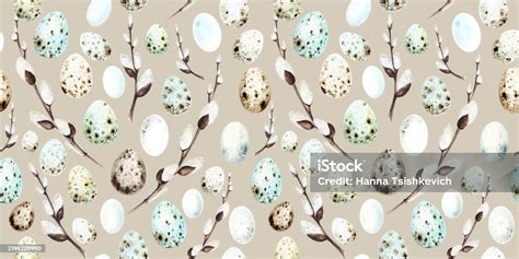 얼룩덜룩 한 부활절 달걀과 섬세한 커피 배경에 버드 나무 가지가있는 수채화 완벽 한 패턴 가볍고 봄과 같은 디자인은 카드 포장 및 부활절 장식에 적합합니다 0명에 대한 스톡