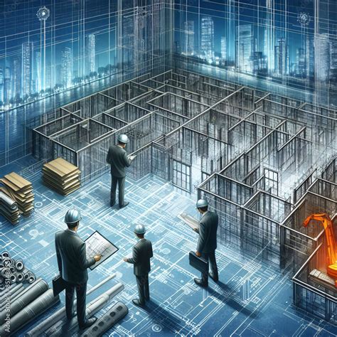 An Illustration Of Structural Engineering Analysis With Blueprints Featuring Engineers