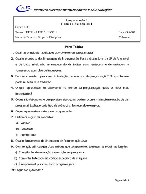 Ficha 1 Programacao I 2021 Pdf Linguagem De Programação Algoritmos