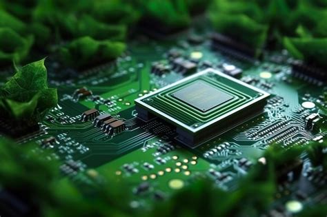Premium Ai Image Closeup Of Green Microcircuit Chip Merges With Nature Into One Piece It