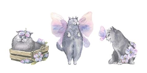 Ilustração Em Aquarela De Delicadas Borboletas Rosa Lilás E Gatos