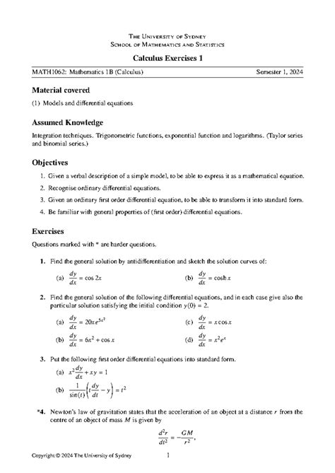 Calculus Exercises The University Of Sydney School Of Mathematics And Statistics Calculus