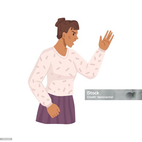 몸짓과 고함소리 분노 표현과 부정적인 감정이 풀어주는 여자 벡터 플랫 만화 캐릭터 고립 된 여성 논쟁과 다툼 요점을 만들고 분노로 문제를 토론하는 격노한에 대한 스톡 벡터